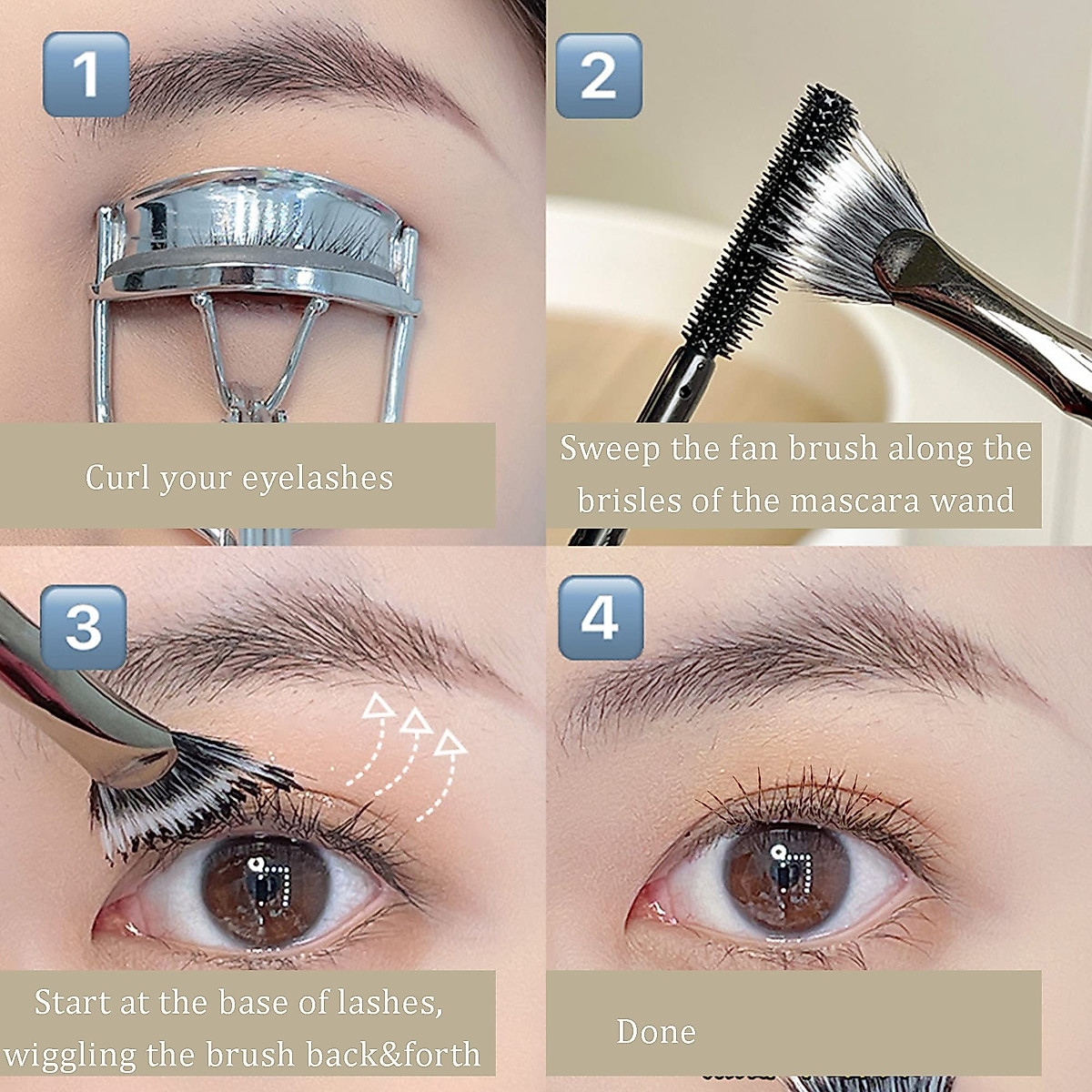 4Pcs Mascara Fan Brush Kit Eyelash Separator Tool Eyelash Curler Lash Wand Brush Fan for Natural Lifted Effects Eyelash Comb Eye Lashes Makeup Tools with 2 Silicone Refills Pads for Women Girls