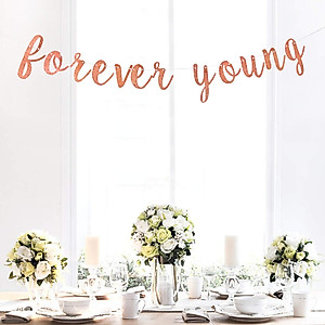 Rose Gold Glitter Forever Young Banner, Bunting Garlands for Men/Women's Birthday Party Decoration Supplies, 30th 40th 50th 60th 70th 80th Birthday Party Background Sign (Pre-Strung)