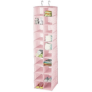 mDesign Soft Fabric Over Closet Rod Hanging Storage Organizer with 20 Shelves for Baby Room or Nursery - Tiered Hanging Organizers - Polka Dot Print - Pink/White