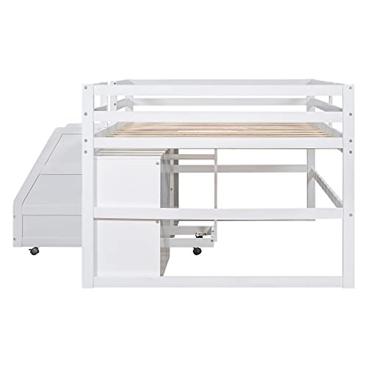 MOEO Full Size Functional Loft Bed with Cabinet, 3 Drawers and Hanging Clothes at The Back of The Staircase, Wooden Bedframe w/Movable Wheels, Maximum Space Design for Kids Bedroom, White