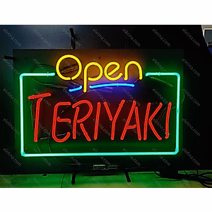 Real Neon Glass Tubes Open Teriyaki With Green Border And Blue Line Sign Handmade Lamp Neon Signs For Wall Decor