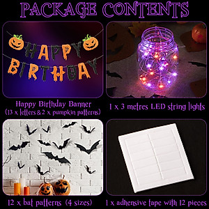Halloween Happy Birthday Banner Party Decoration, Glitter Purple and Orange Halloween Birthday Garland, Ghost Bat Pumpkin Themed Decor with 8 Mode LED String Lights for Party Supplies