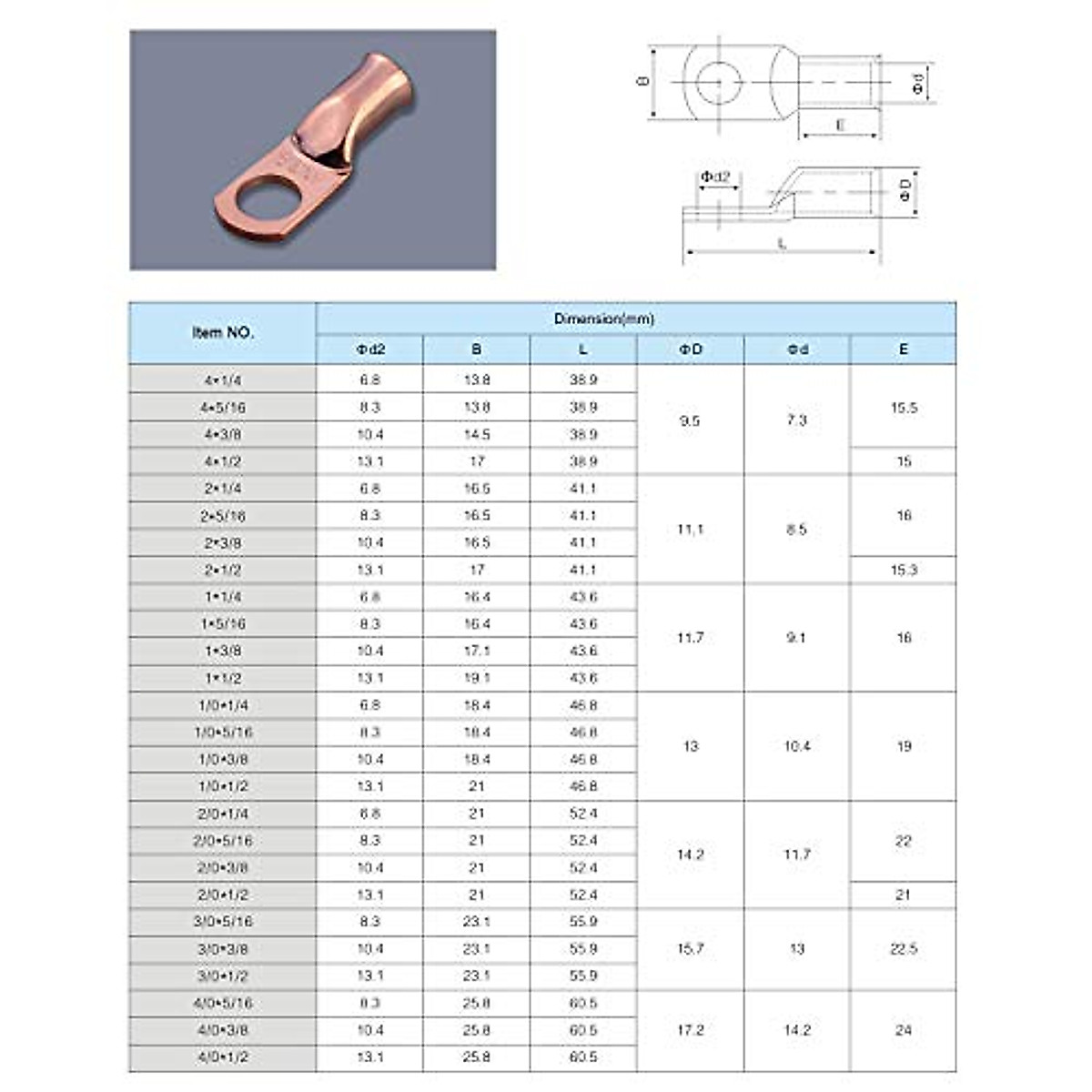 10 Pcs Copper Lugs Ring Terminals Connectors, 3/8” Stud Size for 4 AWG Wire. Battery Cable Ends