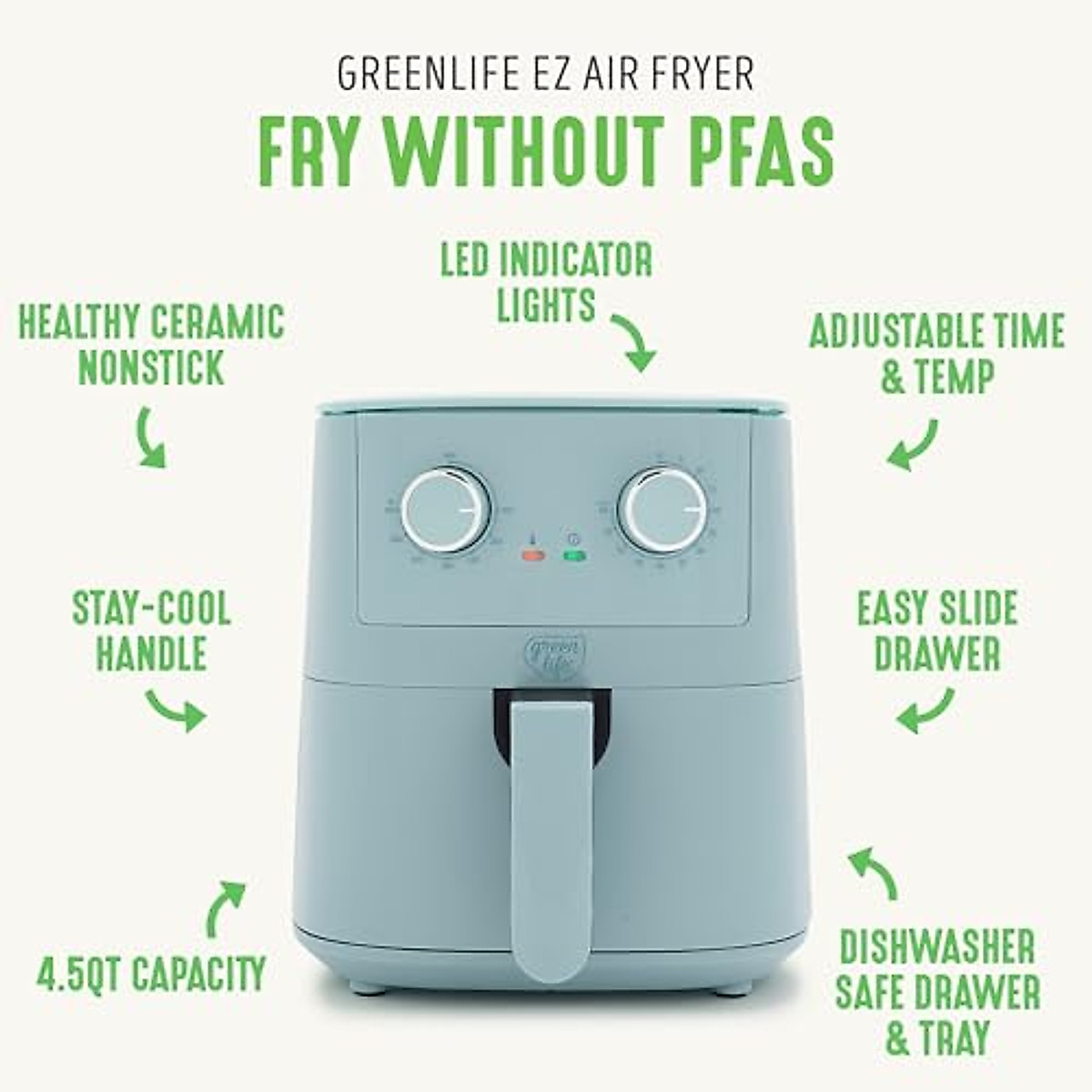 GreenLife 4.5QT Mechanical Air Fryer, PFAS-Free Ceramic Nonstick Crisper Drawer, Adjustable Temperature Timer Dial, LED Indicator, Easy Control, Dishwasher Safe, Compact Kitchen Essential, Blue Haze