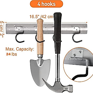 WALMANN All Metal 64 Inch Wall Mount Garden Tool Organizer for Garage, Mop and Broom Holder, Yard Tool Storage Rack for Rake, Shovel, Spade, Mop, Broom, Wall Mount Storage Organizer(4 Rails, 16 Hooks)