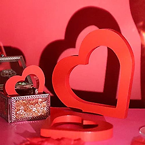 3 Pieces Valentine's Day Heart Wooden Sign Heart Shape Table Decoration Love Wood Decor Rustic Valentine Tabletop Centerpiece for Valentine's Day Home Kitchen Bedroom Decor (Red)