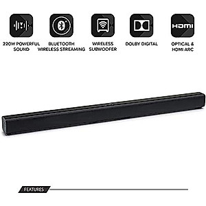JBL Cinema SB160 2.1 Channel 220 Watt Wireless Bluetooth Music Streaming HDMI ARC Soundbar with Wireless Subwoofer Bundled with Earbuds
