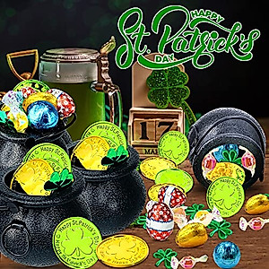 TURNMEON St Patricks Day Pot of Gold, 6 Candy Cauldron Kettles with 72 Plastic Shamrocks Gold Coins 138 Clover Confetti Party Decorations Supplies for Saint Patricks Day Table Home Indoor Decor