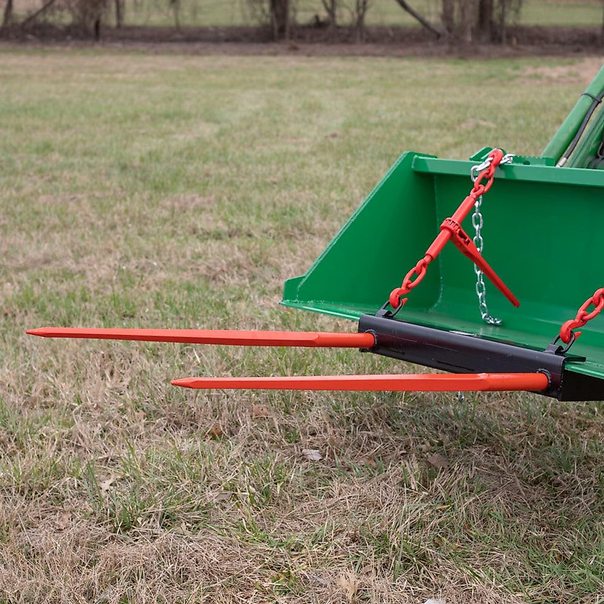 Titan Attachments Dual Prong 43" Hay Bale Spear Attachment, Universal HD Front Skid Steer Tractor Loader Bucket Attachment, 3000 LB Capacity, Conus 2 Tines, Chains and Ratchet Binders Included