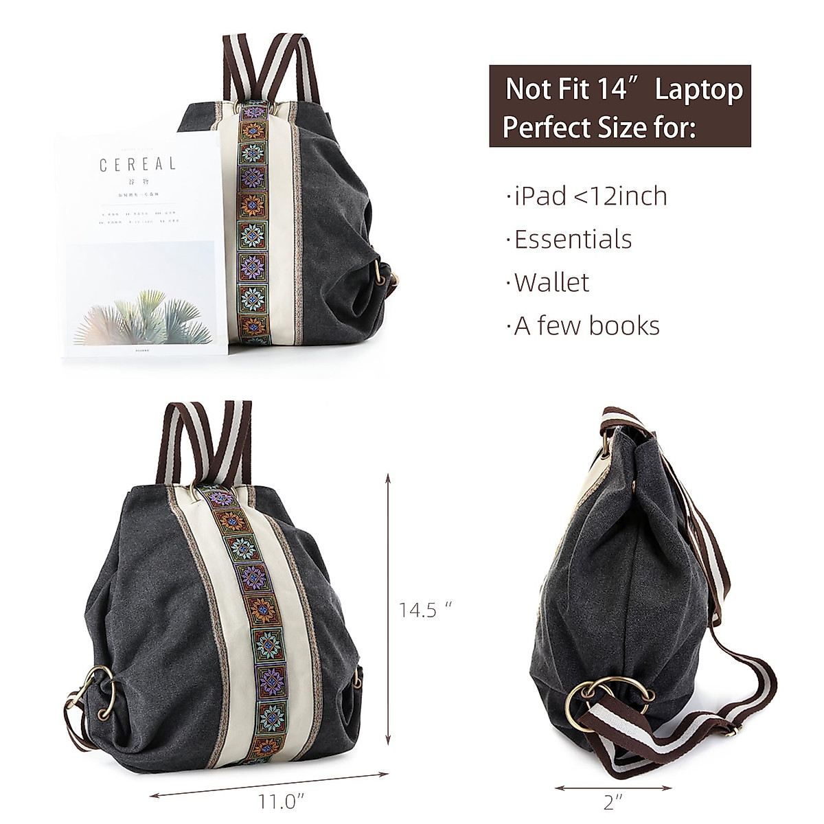 Goodhan WomCanvas Backpack Daypack Casual Shoulder Bag, Vintage Heavy-duty Anti-theft Travel Backpack(Grey Black)