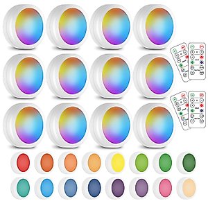 SIXDEFLY Wireless 16 Color Changing LED Puck Light 12 Pack LED Under Cabinet Lighting Closet Light Battery Powered Night Lights with Remote Control Dimmer & Timing Function