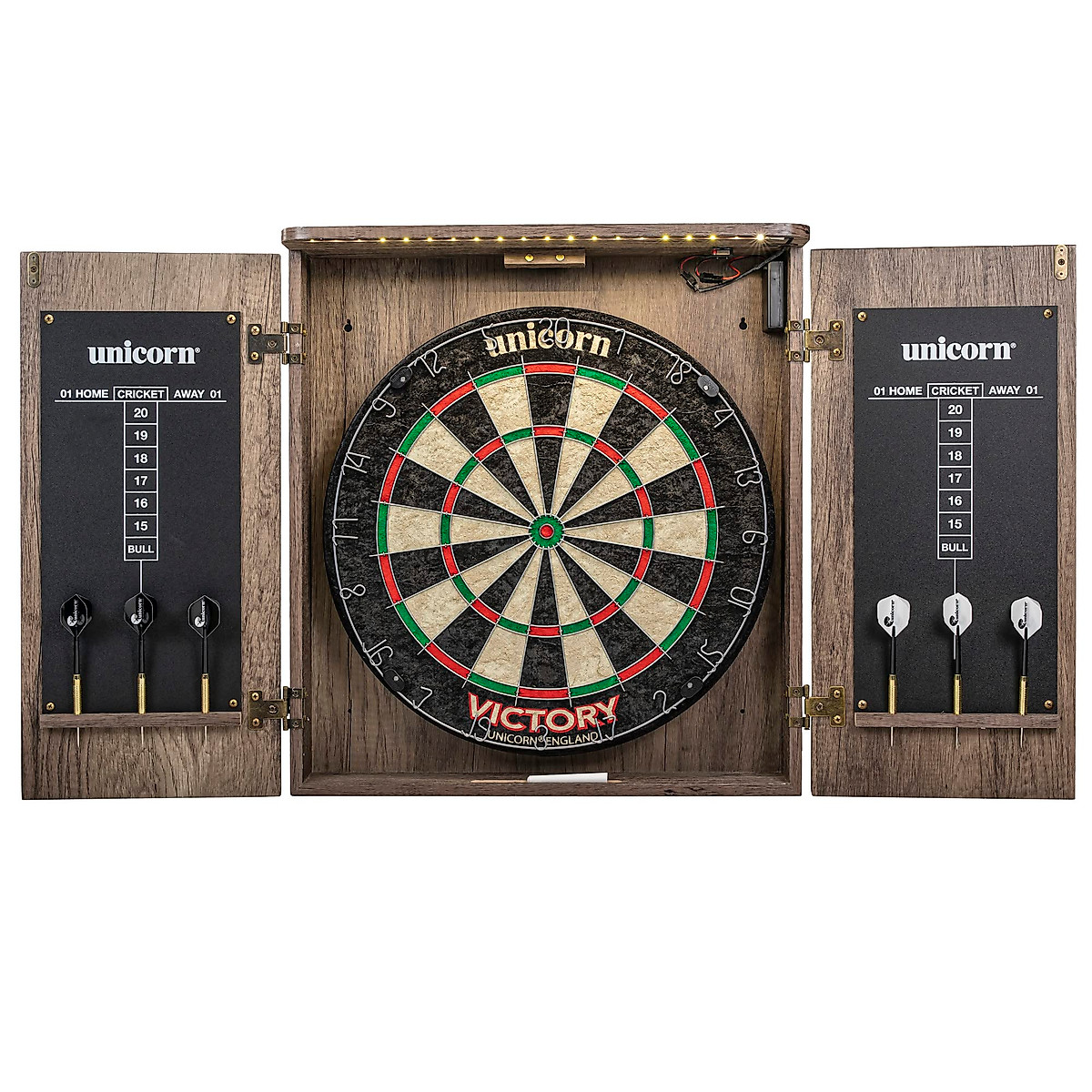 Unicorn LED Bristle Dartboard Cabinet Set - LED Tournament-Style Lighting - Official Size Dartboard - Woodgrain Finish Cabinet with Chalk Scoreboards - Includes Six Steel Tip Darts, Brown
