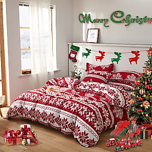 Joyreap 3 Pieces Christmas Duvet Cover Set, Red and White Reindeer Snowflake and Tree Pattern, Soft Breathable Microfiber for All Season, 1 Duvet Cover and 2 Pillow Shams (Full/Queen, 90x90 inches)