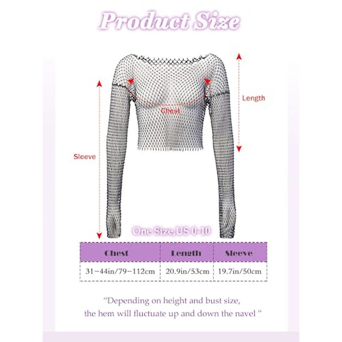 Yokawe Black Fishnet Rhinestone Crop Top, Long Sleeve Mesh Glitter Party Festival Top for Women & Girls