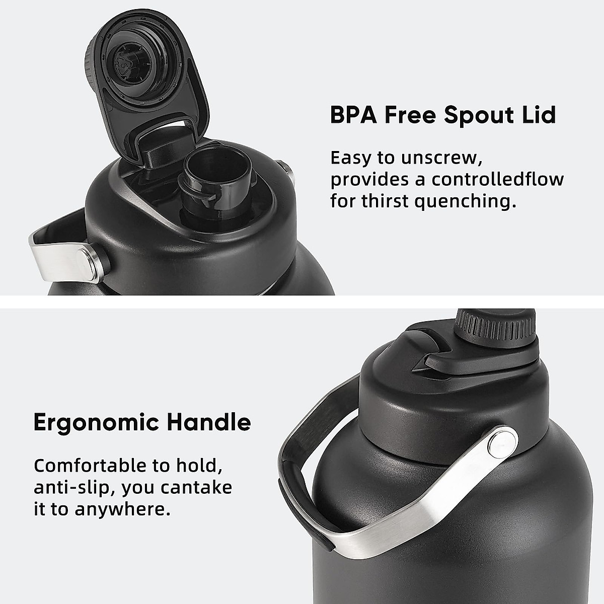 One Gallon Water Bottle, 128oz Stainless Steel Insulated Water Bottle For Hot & Cold Drinks, BPA-Free, Wide Mouth, Leak-Proof Big Water Jug With Handle For Sports, Travel, Hinking & Camping, Black