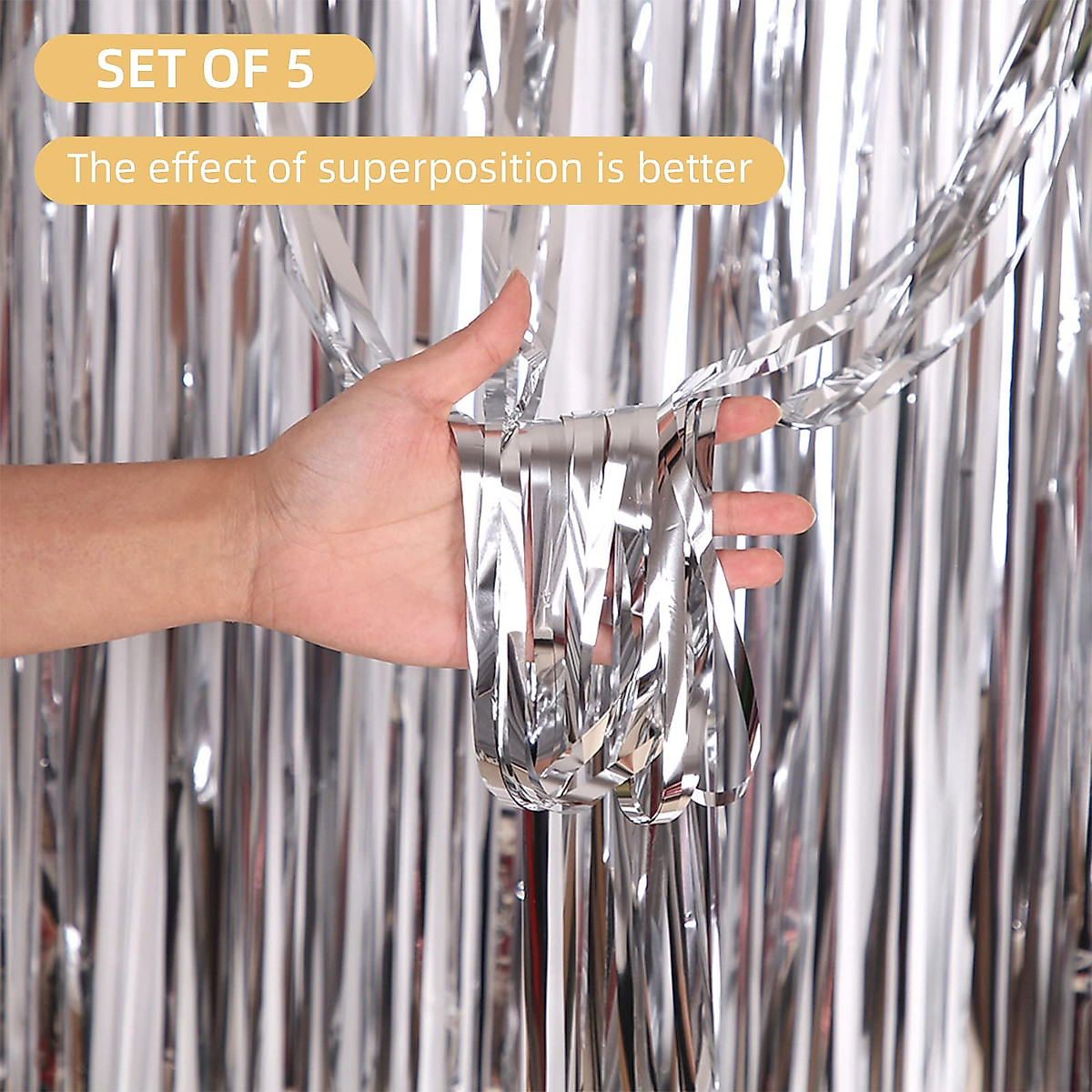 5 Pack Silver Fringe Backdrop 3.2ft x 8.2ft Foil Curtain Tinsel Foil Fringe Curtains Backdrop Tinsel Backdrop Streamers for Birthday Curtain Party Decoration Wedding Christmas Decoration (Silver)
