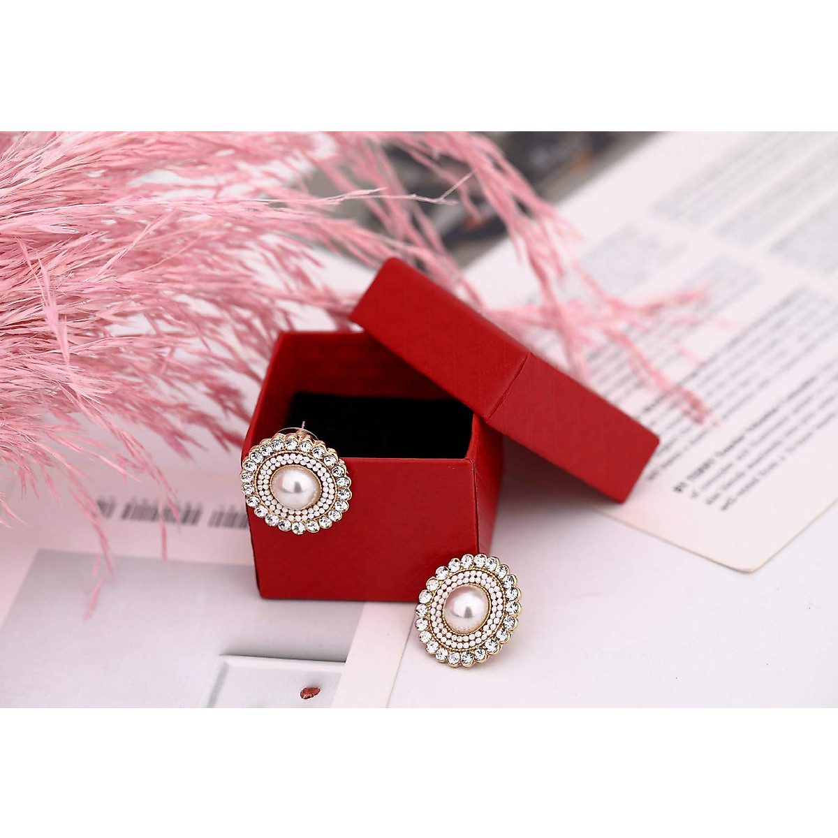 Cream Dome Big Pearl Stud Earrings, Crystals Rhinestones Art Vintage Earrings with Wedding Style