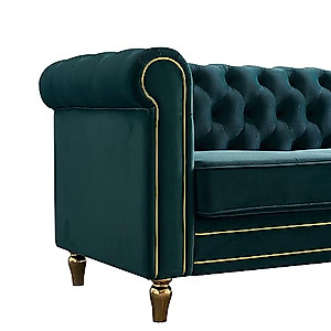 EMKK Large Chesterfield Sofa 3 Seater Modern Velvet Couch Upholstered Sofá with Tufted Back for Living Room Furniture,Nailhead Trim Round Armset, F-Green