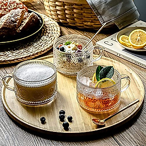 Gezzeny Vintage Glass Coffee Mugs 14 Oz Set of 2 Clear Embossed Tea Cups, Glass Coffee Cups for Cappuccino, Latte, Cereal, Yogurt, Beverage Christmas Thanksgiving Gifts