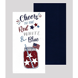 Patriotic Kitchen Towel Set - Red White and Blue Dual Cotton Terry Dishtowel Decorated with Mason Jar Drink, American Flag for 4th of July, Memorial Day,