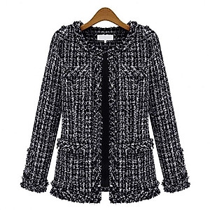 ebossy Women's Elegant Open Front Round Neck Fringed Plaid Tweed Jacket (Large, Black)