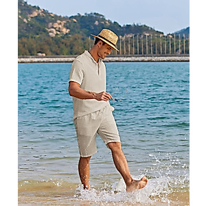 COOFANDY Men's 2 Pieces Linen Set Casual Henley Shirts Short Sleeve Beach Yoga Shorts Summer Pants Outfits