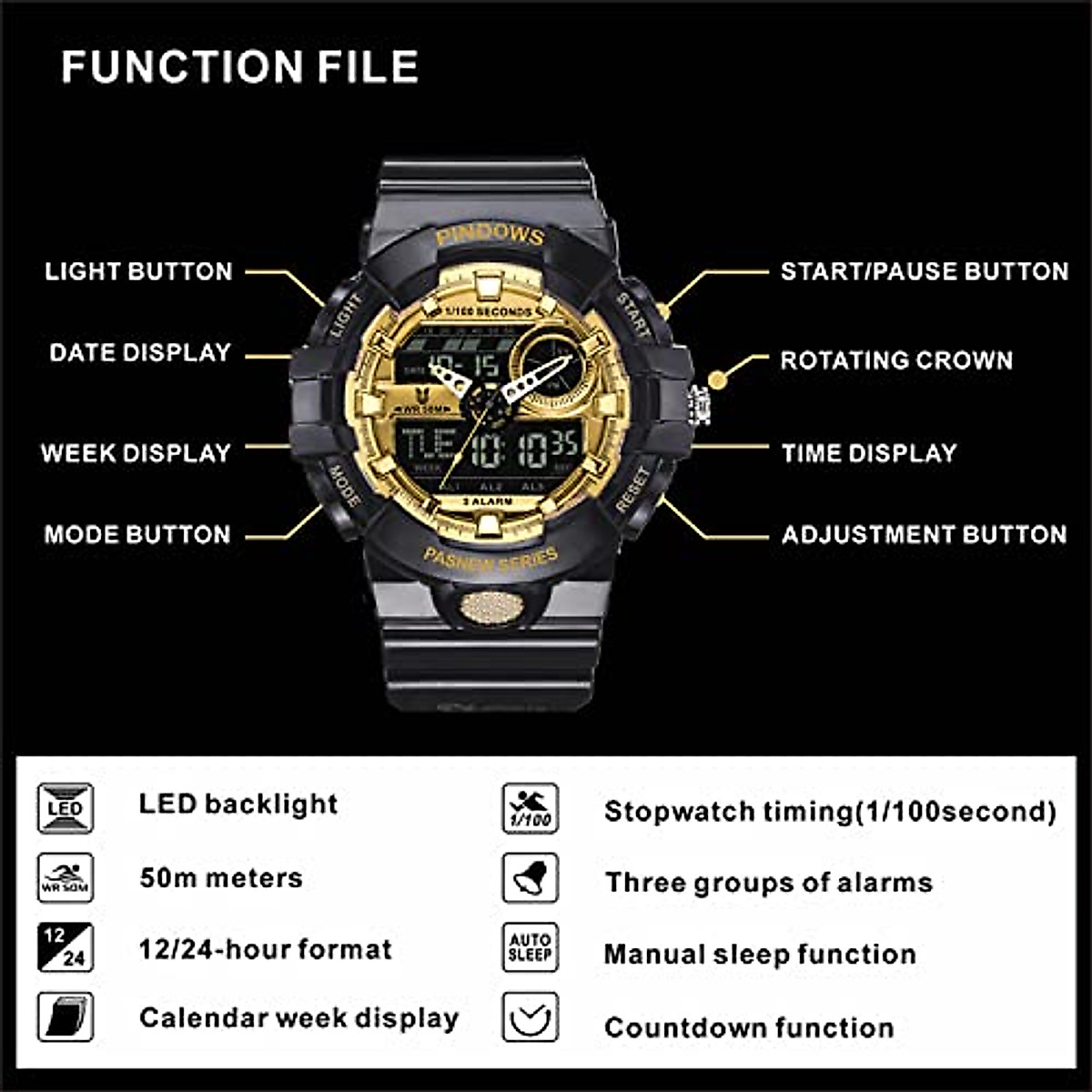PINIDOUS Mens Watch for Men Digital Sport Watch Gold Watches Waterproof Watches with 3 Alarms/Countdown/Stopwatch/Digital-Analog/Dual Time/Light/Military Multifunctional Wrist Watch