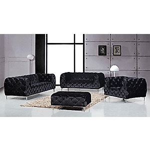 Meridian Furniture Mercer Collection Modern | Contemporary Low Back, Velvet Upholstered Sofa with Deep Button Tufting, and Custom Chrome Legs, Black, 91" W x 35" D x 28.5" H