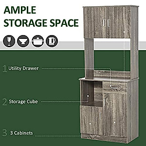 HOMCOM Modern Kitchen Buffet with Hutch Pantry Storage, Microwave Counter, 2 Cabinets, and Adjustable Shelves, Grey