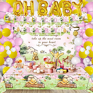 Classic Winnie Backdrop with Balloons Arch Kit for Girls Newborn Baby Shower Pink the Pooh Bear Themed Birthday Party Decorations 5x3ft Photography Background Tablecloth Banner Party Supplies