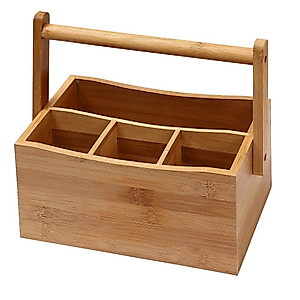 YBM Home Bamboo Flatware Utensil Caddy with Napkin Holder and Handle, Wood Picnic Basket for Kitchen and Camping Trip, 336