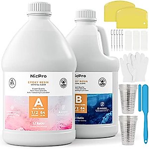 Nicpro 1 Gallon Crystal Clear Epoxy Resin Kit, High Gloss & Bubbles Free Art Resin Supplies for Coating and Casting, Craft DIY, Wood, Table Top, Bar Top, Molds, River Tables with Cups, Sticks, Gloves