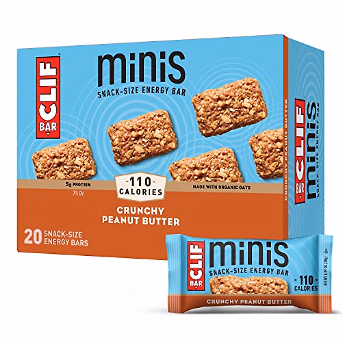 CLIF BARS - Mini Energy Bars - Crunchy Peanut Butter -Made with Organic Oats - Plant Based Food - Vegetarian - Kosher (0.99 Ounce Snack Bars, 20 Count)
