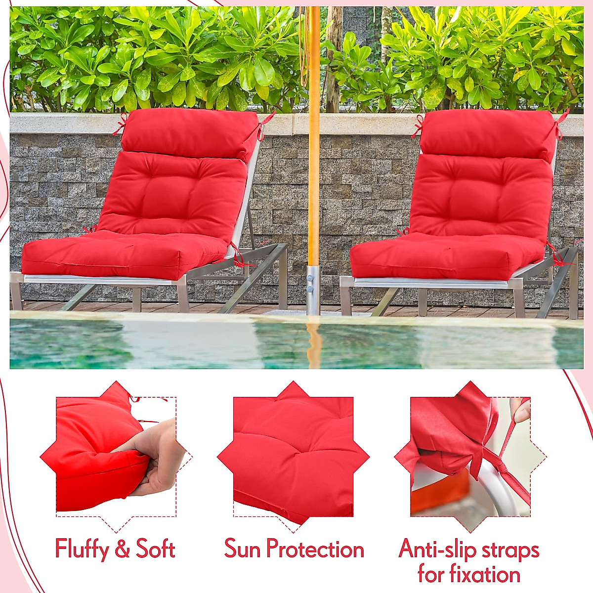 Barydat 4 Pack High Back Chair Cushion Indoor Outdoor Tufted Seat and Back Chair Cushions Rocking Chair Pads Lounge Porch Seat Cushion with Ties for Patio Furniture, 43.4 x 21 x 3.3 Inch(Red)