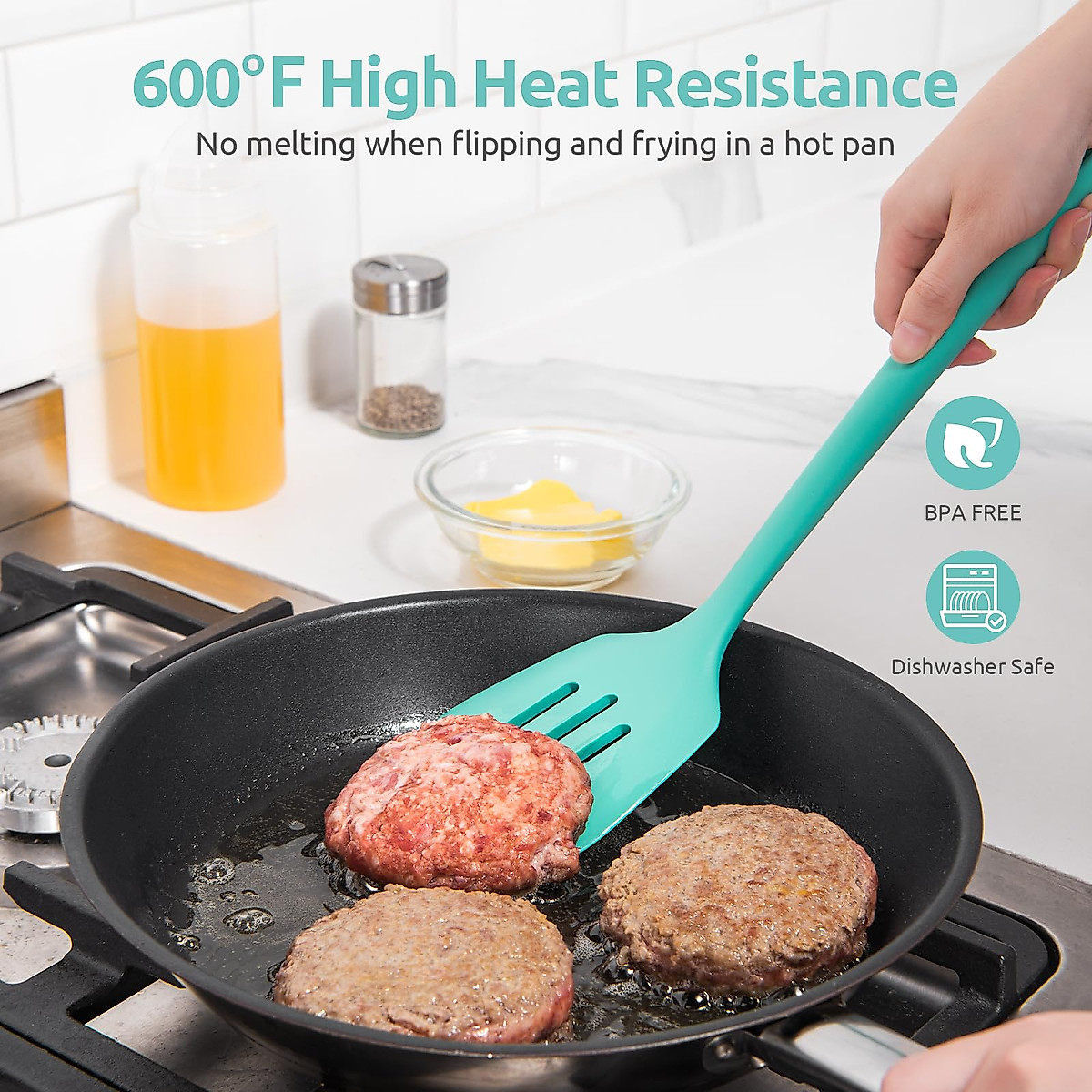 13.6" Slotted Silicone Turner: U-Taste 600ºF Heat Resistant Kitchen Spatula Flipper, Food Grade Flexible Wide Seamless Rubber Cooking Utensil for Egg, Omelette, Burger in Nonstick Cookware (Aqua Sky)