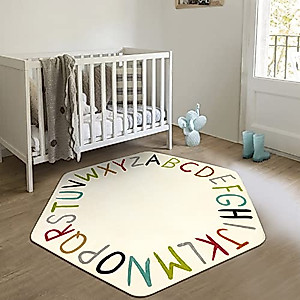 STARUIA Colorful ABC Kids Rug Play Mat for Playroom, 55"x47" Hexagon Washable Nursery Rug for Boys Girls Bedroom, Non-Slip Educational Rainbow Carpet for Classroom Reading Room