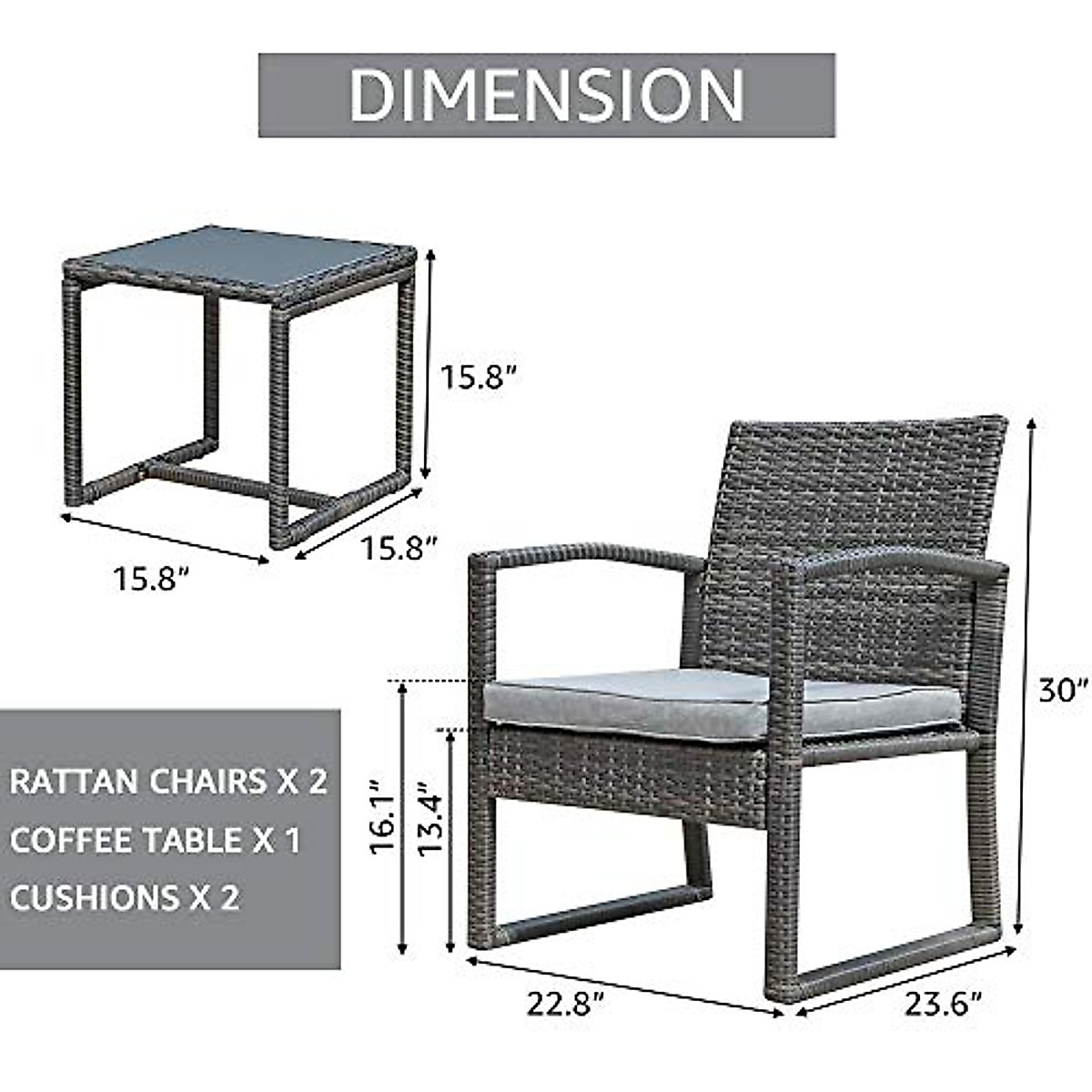 Patiorama 3 Pieces Outdoor Patio Furniture Set, Outdoor Wicker Conversation Set, Patio Rattan Chair Set, Modern Bistro Set with Coffee Table, Garden Balcony Backyard Poolside (Light Gray)