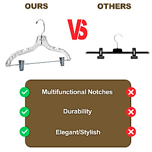 Quality Hangers 12 Pack Clear Plastic Skirt Hangers - Crystal Cut Pants Hangers - Durable Plastic Hanger Set - Dress Hangers with Adjustable Clips - Heavy Duty Hangers