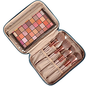 NISHEL Large Double Layer Travel Makeup Bag Women, Cosmetic Case, Organizer for Travel-Size Accessories Bottles, Brushes, Conditioner, and Skin Care Products, Lake Blue