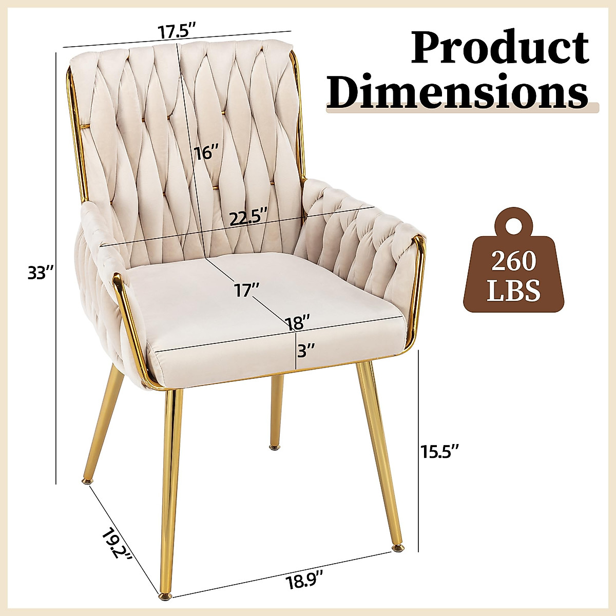 ABET Velvet Desk Chair 1PC, Modern Woven Armchair with Gold Metal Legs & Armrest, Comfy Upholstered Vanity Makeup Chair for Teen Girls & Women, Cute Office Chair for Bedroom, Living Room,Beige