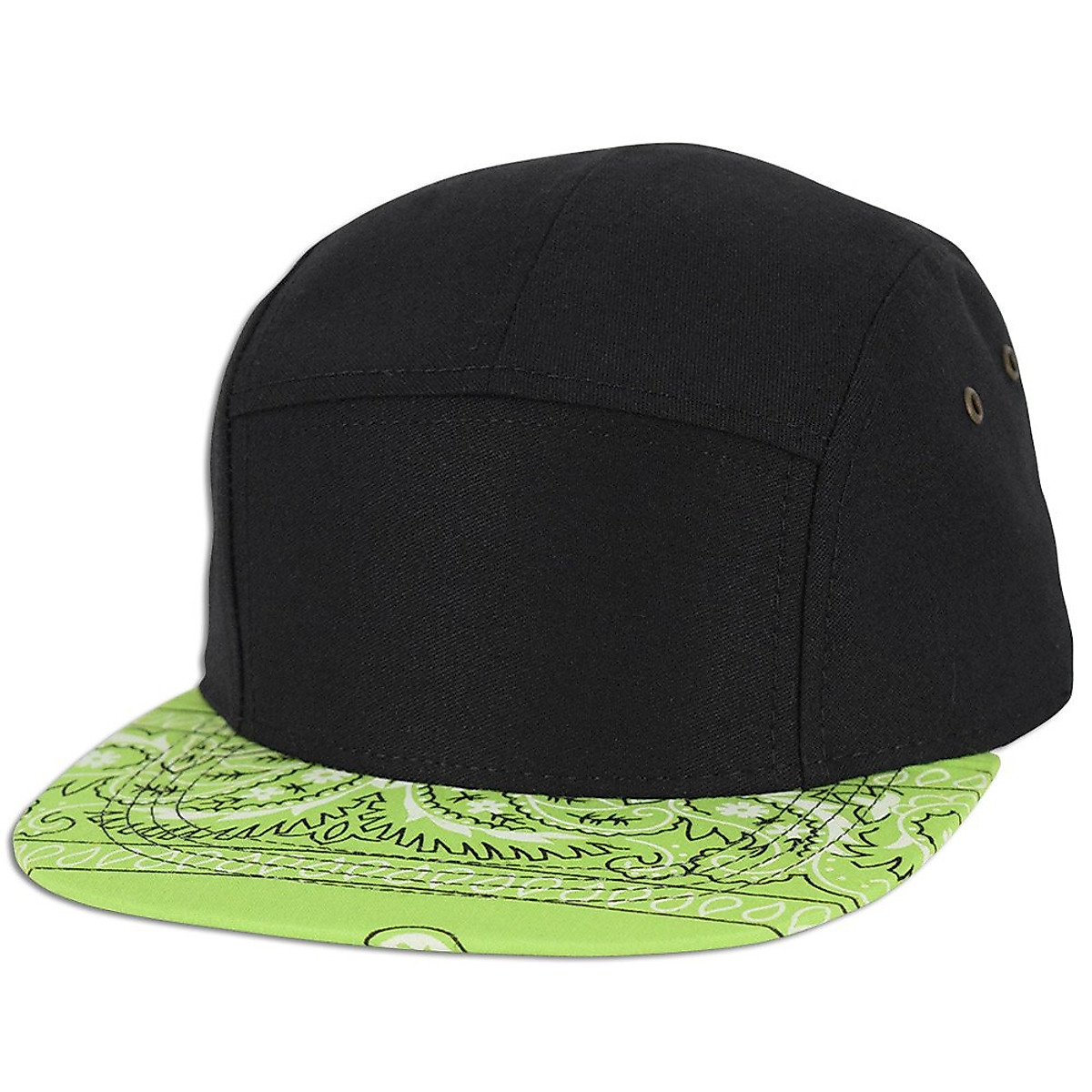 Bandana Brim Paisley Money Camouflage Camper 5 Panel Strapback Buckle Hat Cap (Black/Lime Green Aisley)