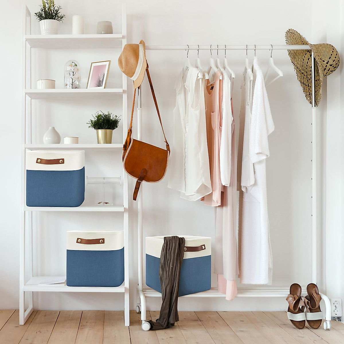 Patvingot 13 Inch Cube Storage Bins,Set of 4 , Foldable Storage Basket with PU Handles for Organizing Home, Closet,Clothes, Toy, Book,Laundry,Office, Organizers for Shelves (White&Blue)