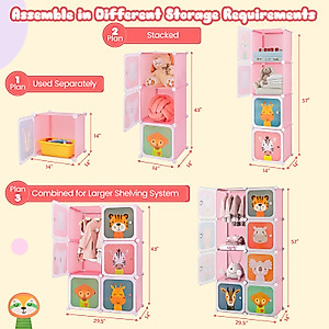 Costzon Kids Closet, Cartoon DIY Modular Dresser Storage Organizer with 8 Cubes & Clothes Hanging Rack, Portable Armoire for Baby Toddlers, Kids Wardrobe for Bedroom Nursery, Pink
