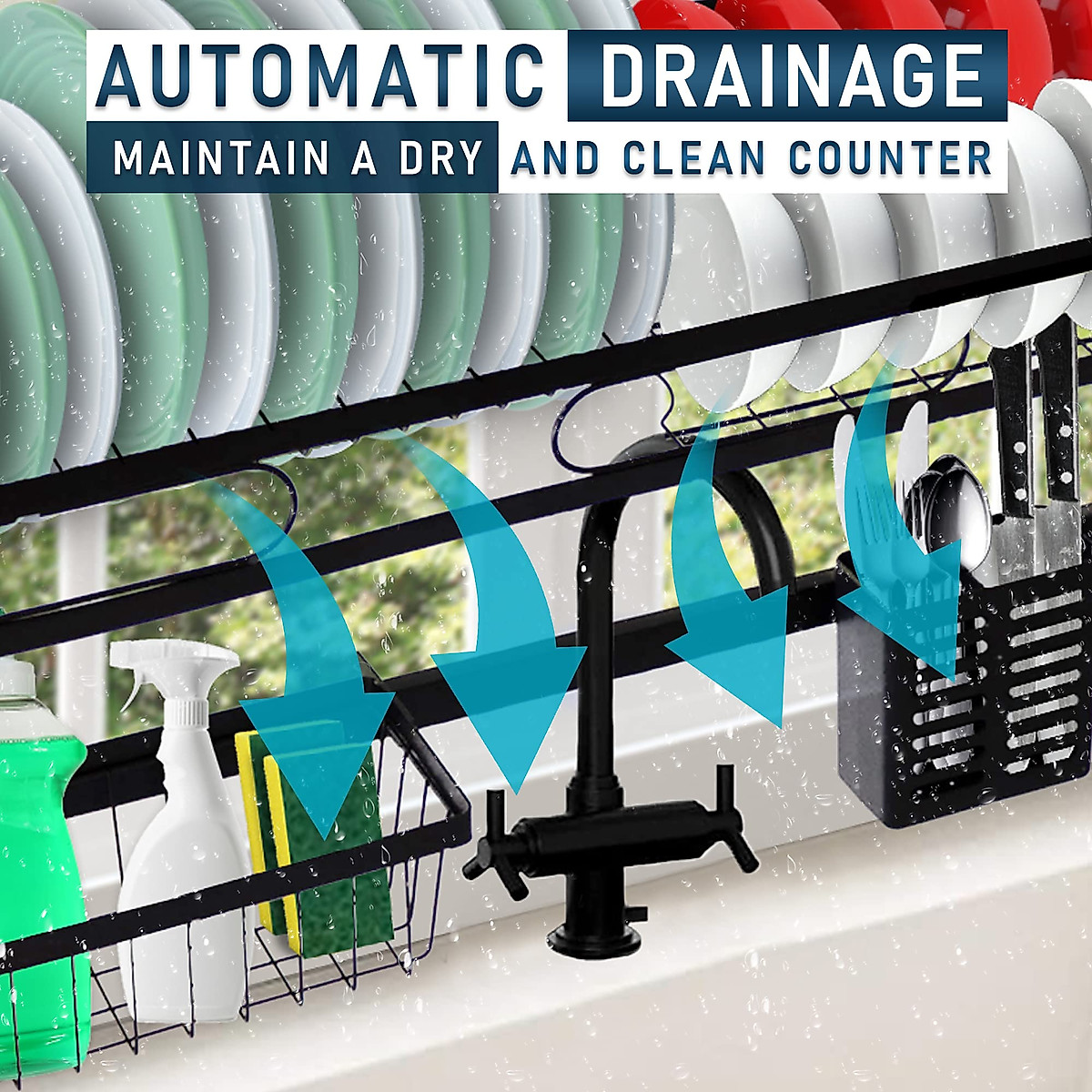 Ecomerr Over The Sink Dish Drying Rack (25.6" to 37.4" L) Adjustable - 3 Tier Stainless Steel Over The Sink Dish Rack with Sink Caddy, Utensil & Cutting Board Holder - Kitchen Counter Space Saver