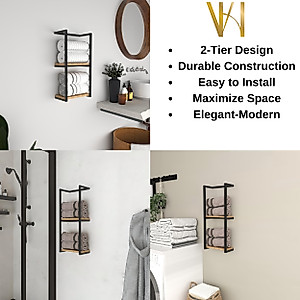 2-Tier Bathroom Shelf, Wall Mounted Storage for Towels and Blankets, Wood and Metal Frame, Anti-Rust Rustic Towel Rack with Shelf for Toiletries, Bathroom, Bedroom, and Potted Plants (Large)