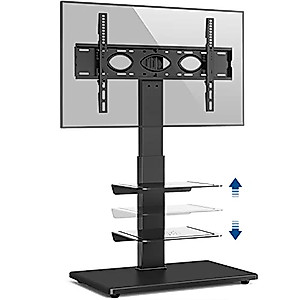 Rfiver Swivel Floor TV Stand with Mount, Wood Base and 2 Flexible Media Shelves for 40 43 49 50 55 60 65 70 75 77 Inch Flat Screens/Curved TVs, Height Adjustable Corner TV Stand for Bedroom and Office