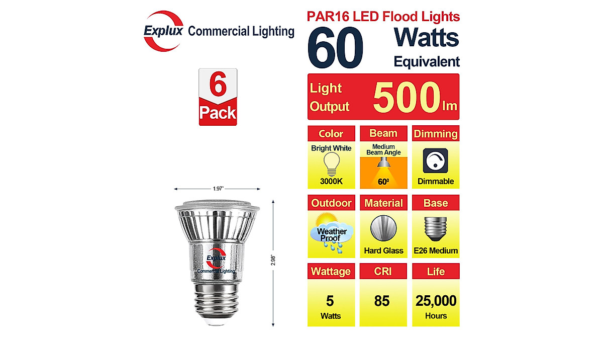 Explux LED PAR16 Dimmable Spotlight Bulbs - Commercial Grade