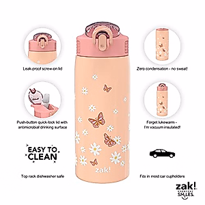 Zak Designs Water Bottle for Travel and At Home, 19 oz Vacuum Insulated Stainless Steel with Locking Spout Cover, Built-In Carrying Loop, Leak-Proof Design (Daisies)