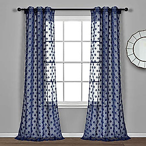 Lush Decor Navy Textured Dot Grommet Sheer Window Curtain Panel Pair (84" x 38"), 84" x 38