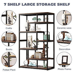 GEBAROW 7 Tier Bookshelf, Modern Bookshelf with Metal Frame, Industrial Bookshelf, Large Open Bookshelf for Bedroom, Living Room and Home Office Vintage Brown